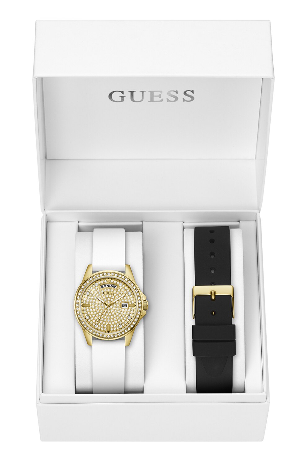 Guess, Ceas quartz decorat cu cristale, Alb/negru/auriu - eMAG.ro