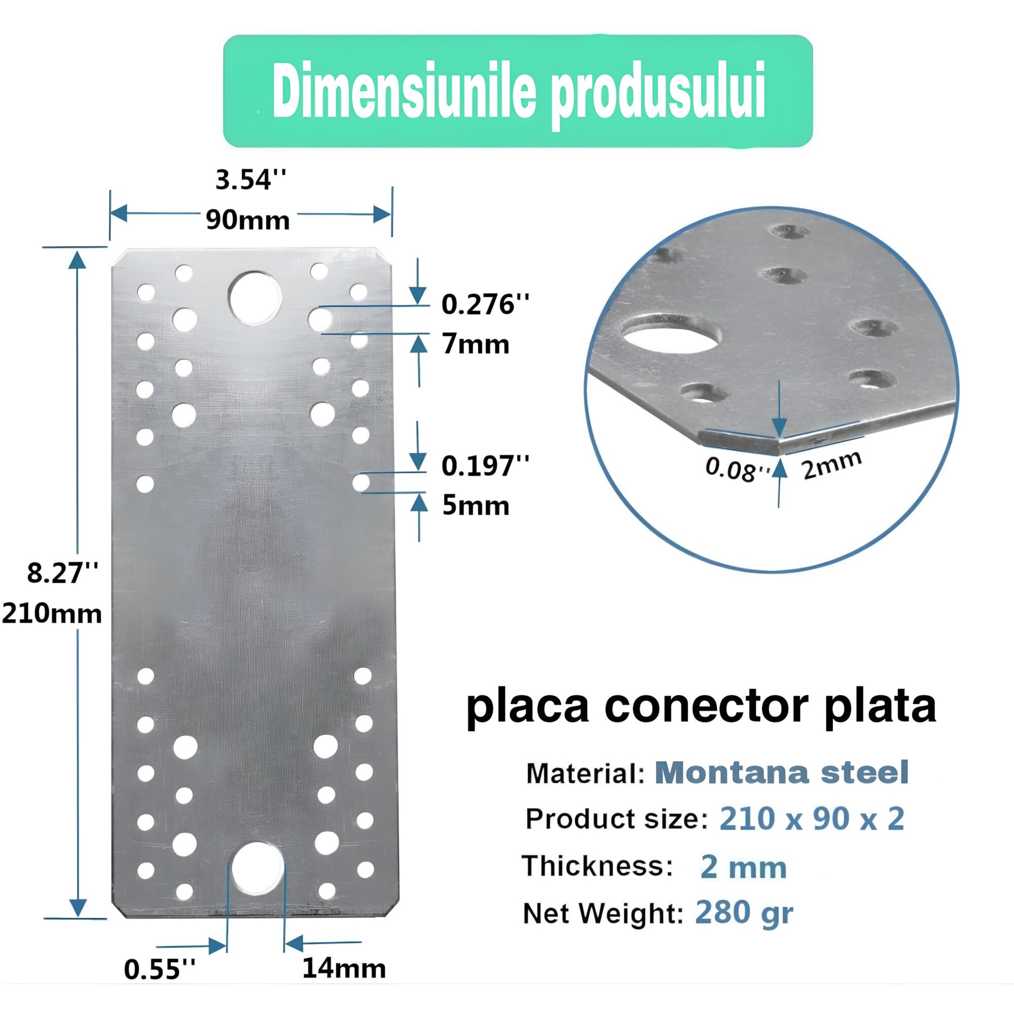 Set 10 Placa perforat pentru imbinare lemn, Montana, zincat, 210 x 90 ...