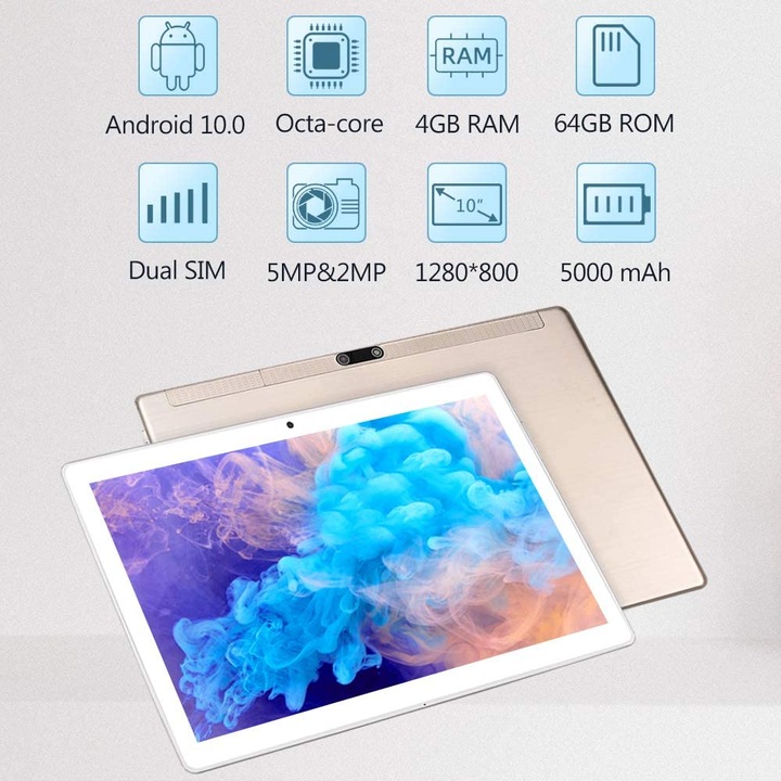Таблет Android 10 "LNMBBS, Octa-core, 64GB ROM, 4GB RAM, Златист/Бял ...