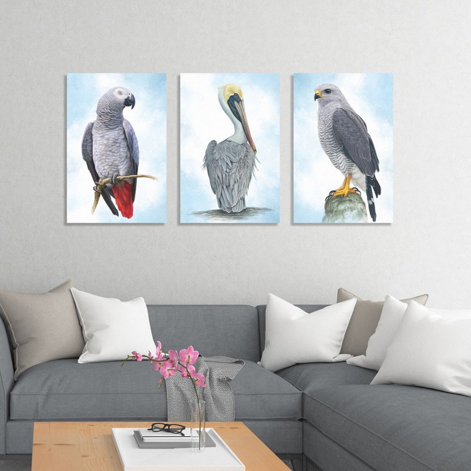 Set 3 Tablouri canvas, Pasari mari, Stickermania, rama 40x60 cm - eMAG.ro