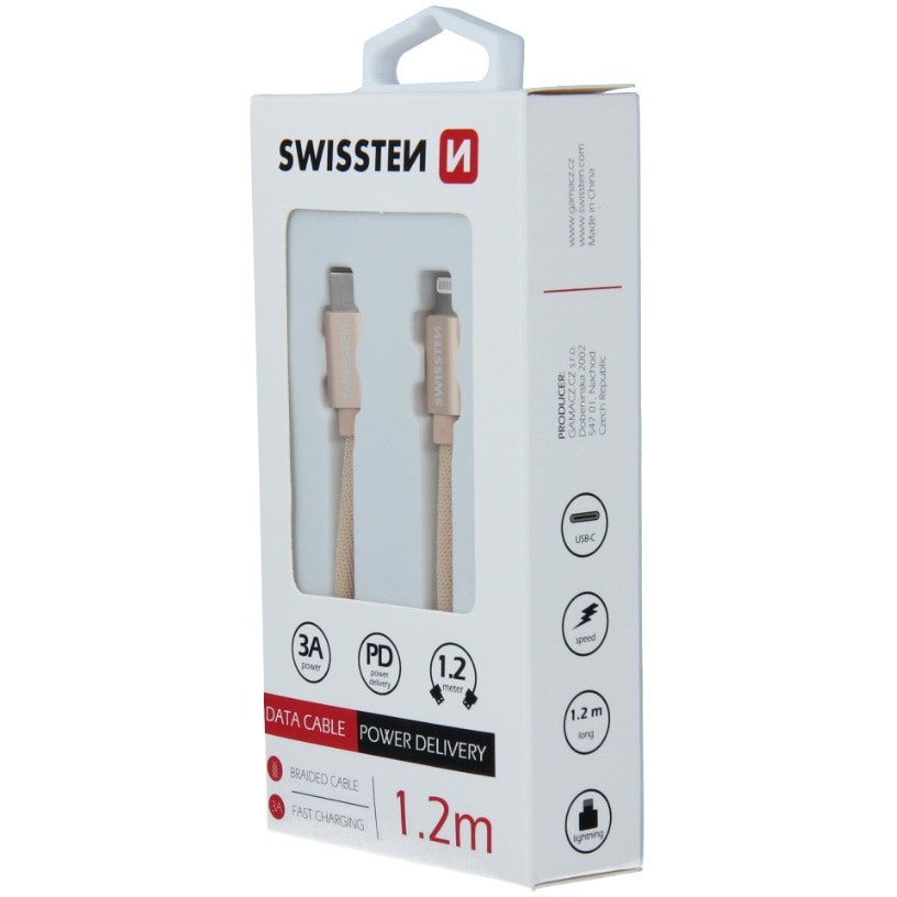 Cablu de date Swissten textile usb-c/tip Lightning 1.2m, Golden - eMAG.ro
