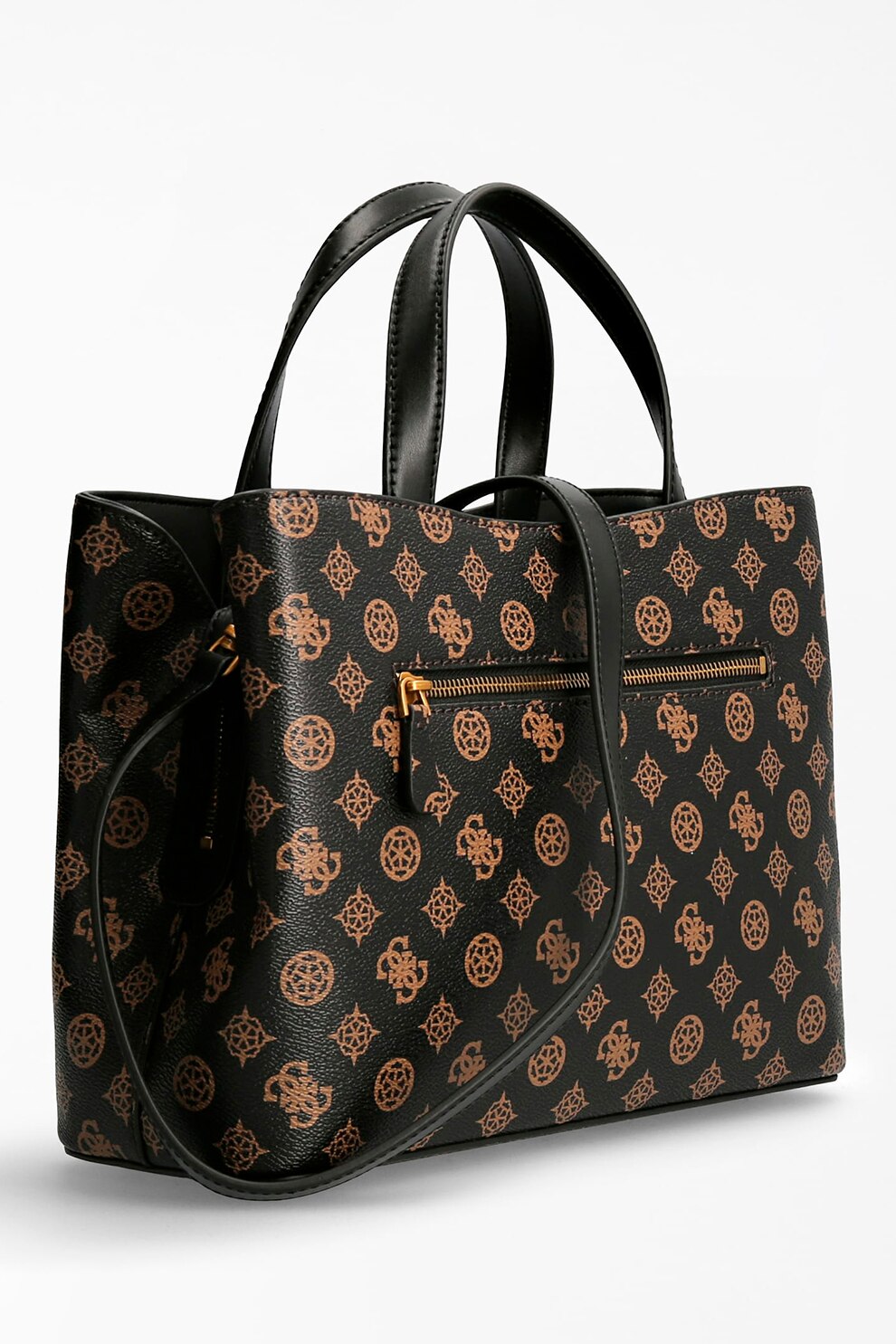 Guess, Geanta cu bareta de umar si imprimeu logo, Negru/Maro camel ...