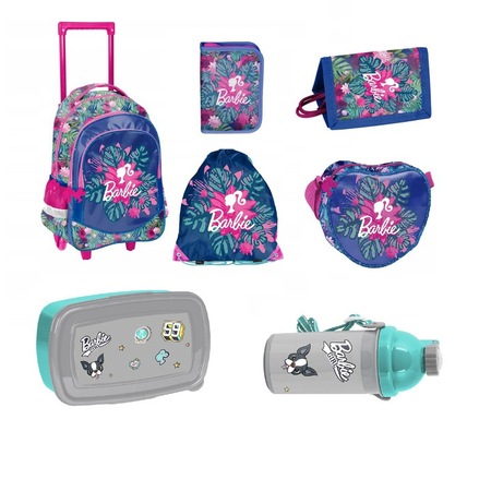 Set rucsac cu roti troler barbie, penar, geanta pliabila incaltaminte ...