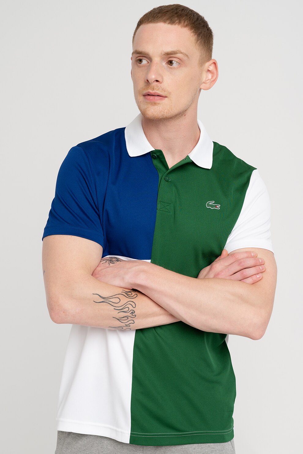 Lacoste, Тениска с яка и цветен блок, Бял/турскосин/зелен, 4 - eMAG.bg