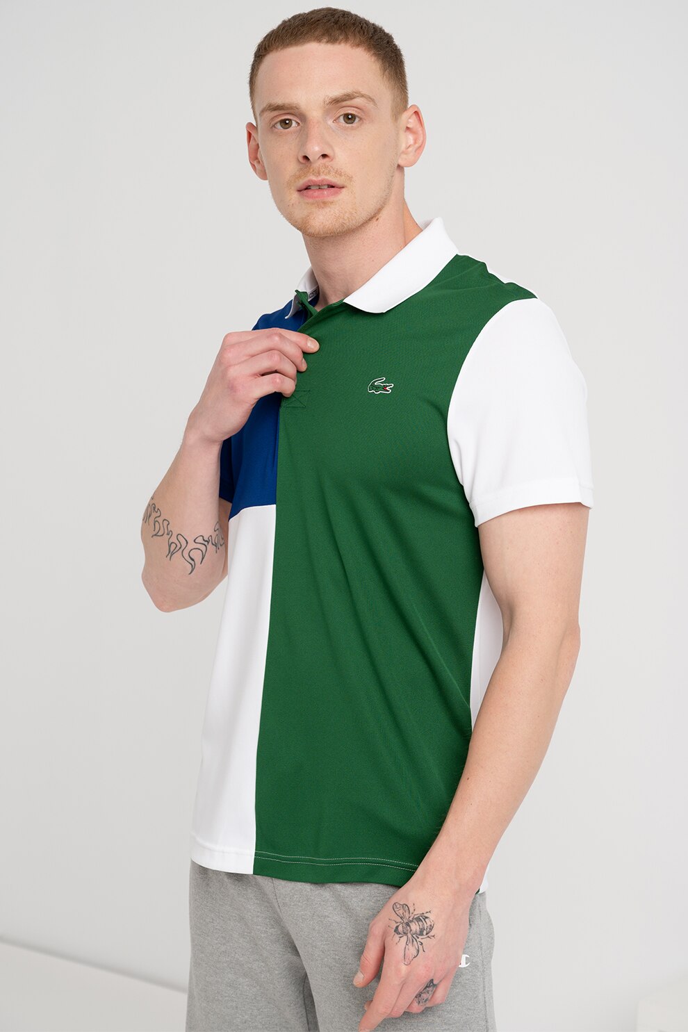 Lacoste, Тениска с яка и цветен блок, Бял/турскосин/зелен, 6 - eMAG.bg