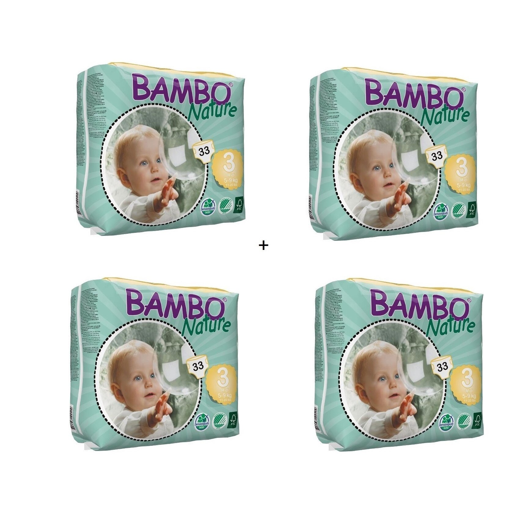 Set 4 pachete, Scutece pentru copii BAMBO Nature Midi, No. 3, 5 - 9 kg ...