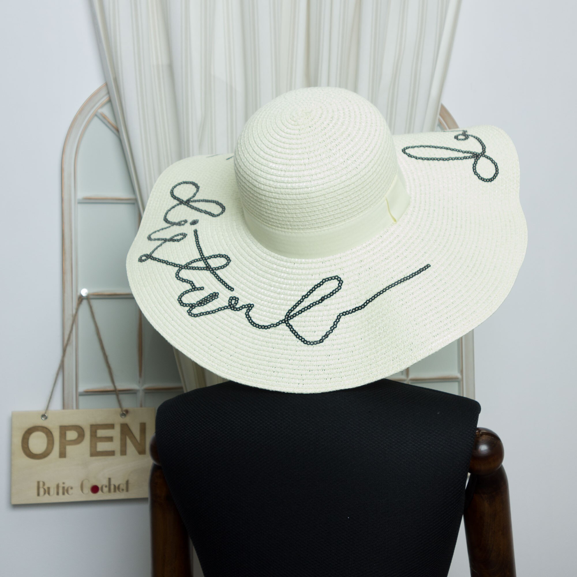 Слънчева шапка, дамска, голяма периферия, Anoul, кремава с пайети ...