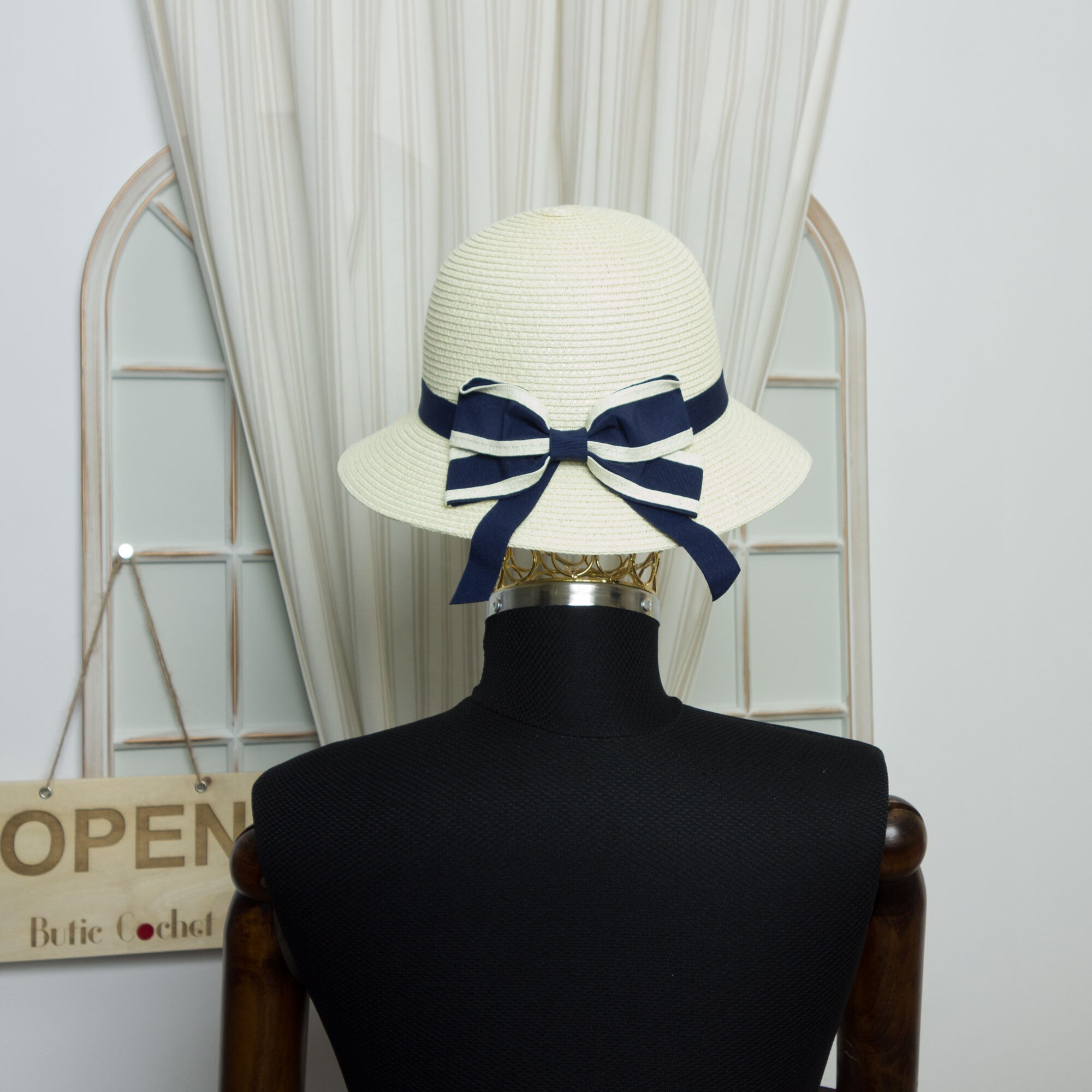 Palarie de soare, dama, bor mic, Anoul, Crem cu fundita bleumarin ...