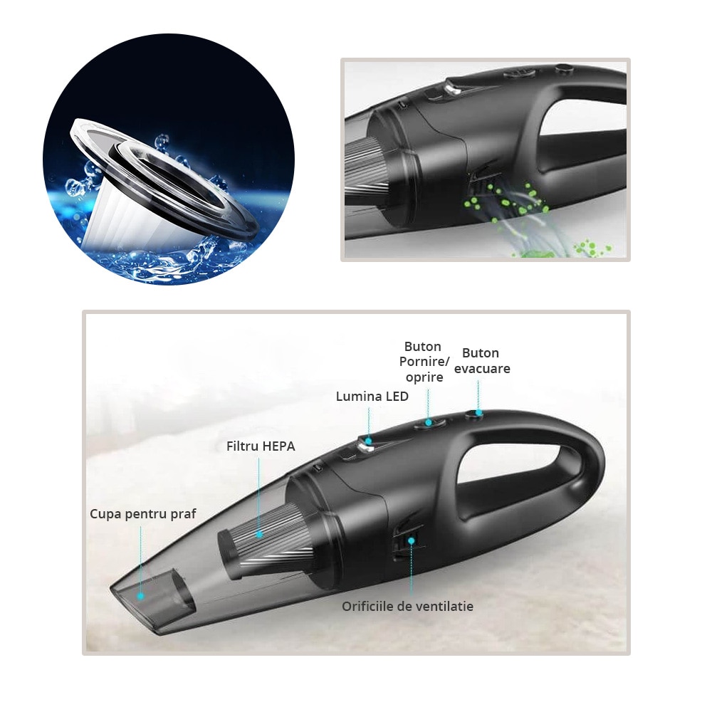 Aspirator auto de mana fara fir, cu acumulator, pentru casa si masina ...