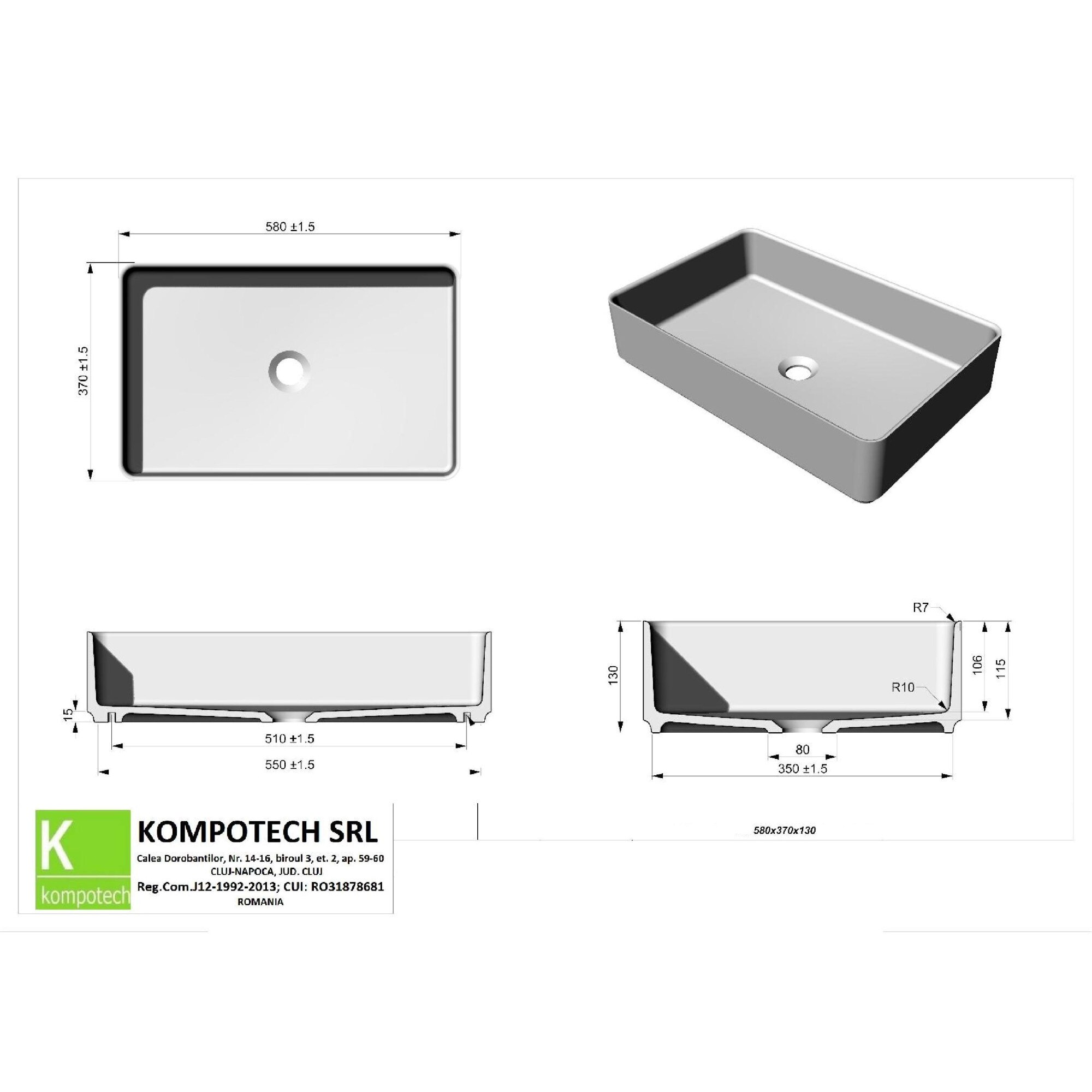 Lavoar compozit pentru mobilier baie 580 x 370 x 130 Kompotech, Alb ...