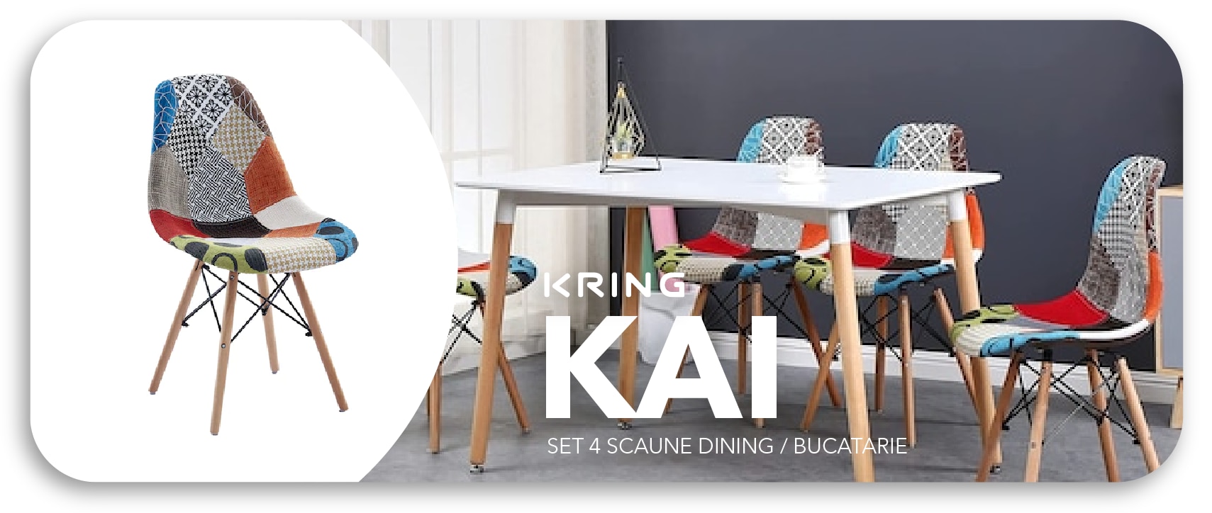 Set 4 scaune dining/bucatarie Kring Kai, Patchwork, lemn/stofa, model ...