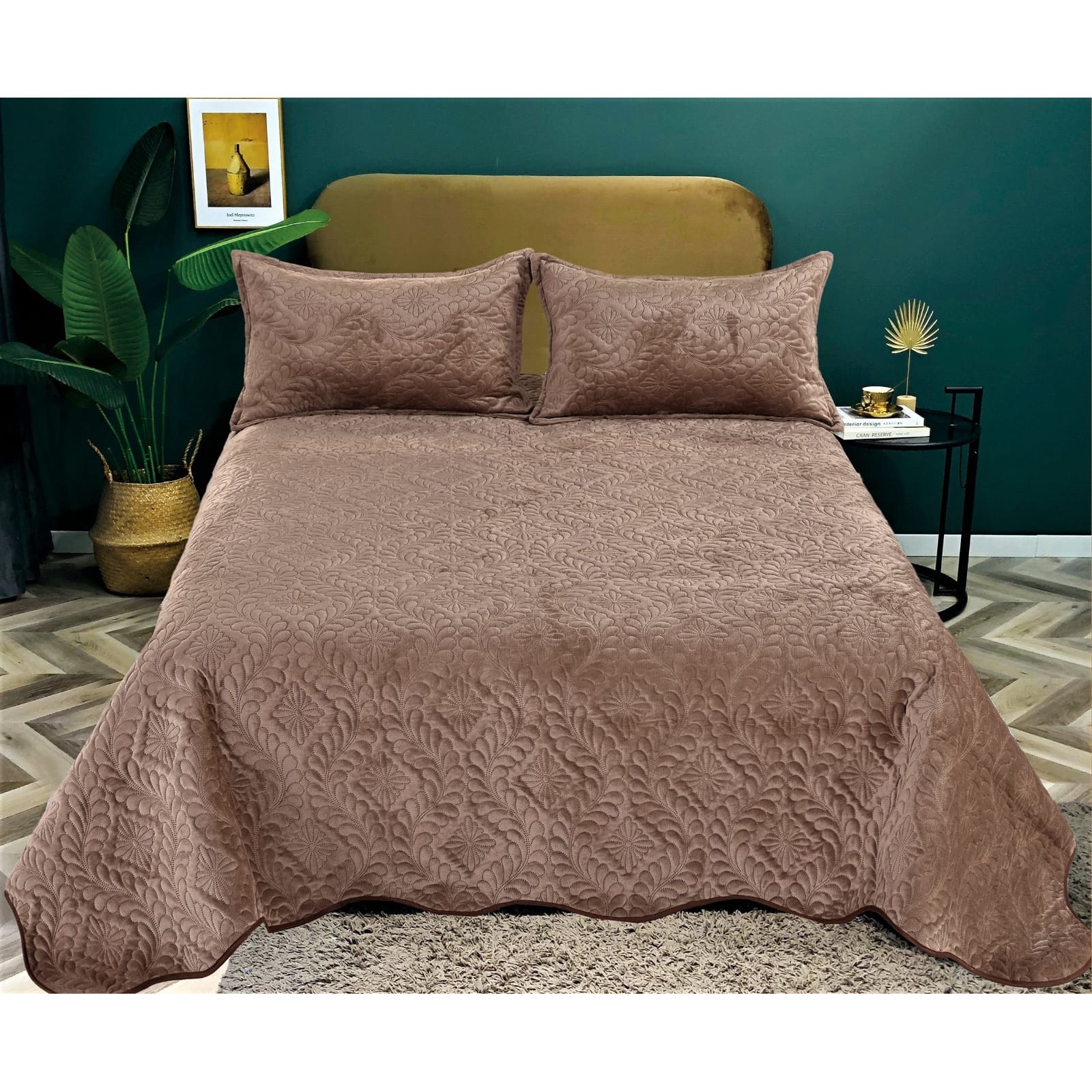 Set cuvertura pat, C08, matlasata, 3 piese, 220x240cm, Maro Deschis - eMAG.ro