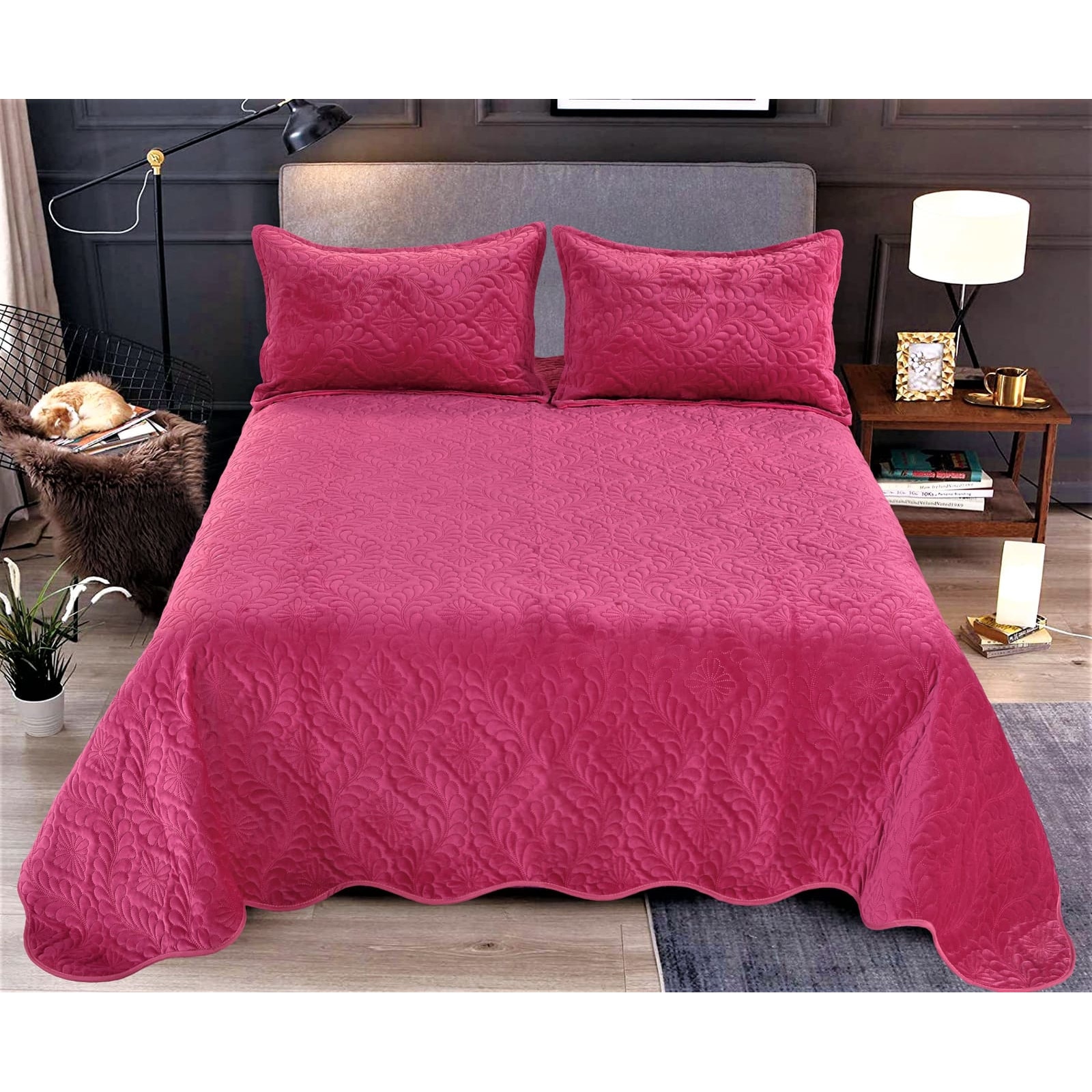 Set cuvertura pentru pat, matlasata, 3 piese, 220x240cm, culoarea Somon ...