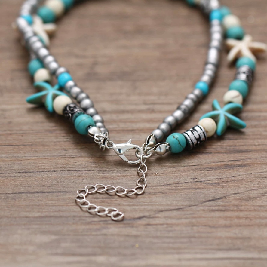 Set 2 bratari de picior cu margele si talismane, turcoaz, aliaj metalic ...