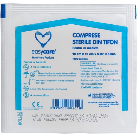 Comprese sterile din tifon, bumbac 100%, EASYCARE, pliate 22gr/mp ...