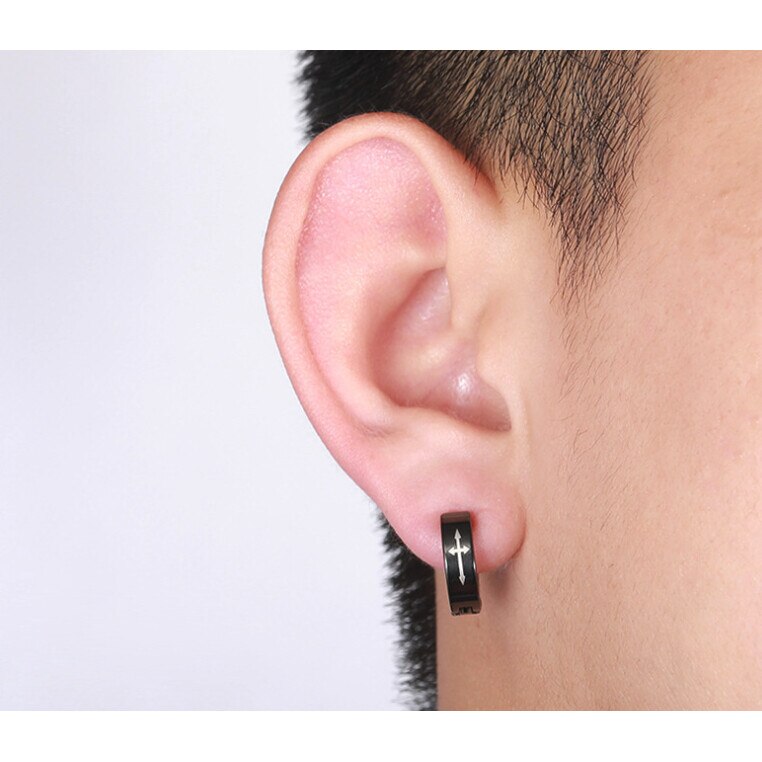 Cercel cu clips pentru barbati, Model cruce, Otel inoxidabil, Negru ...