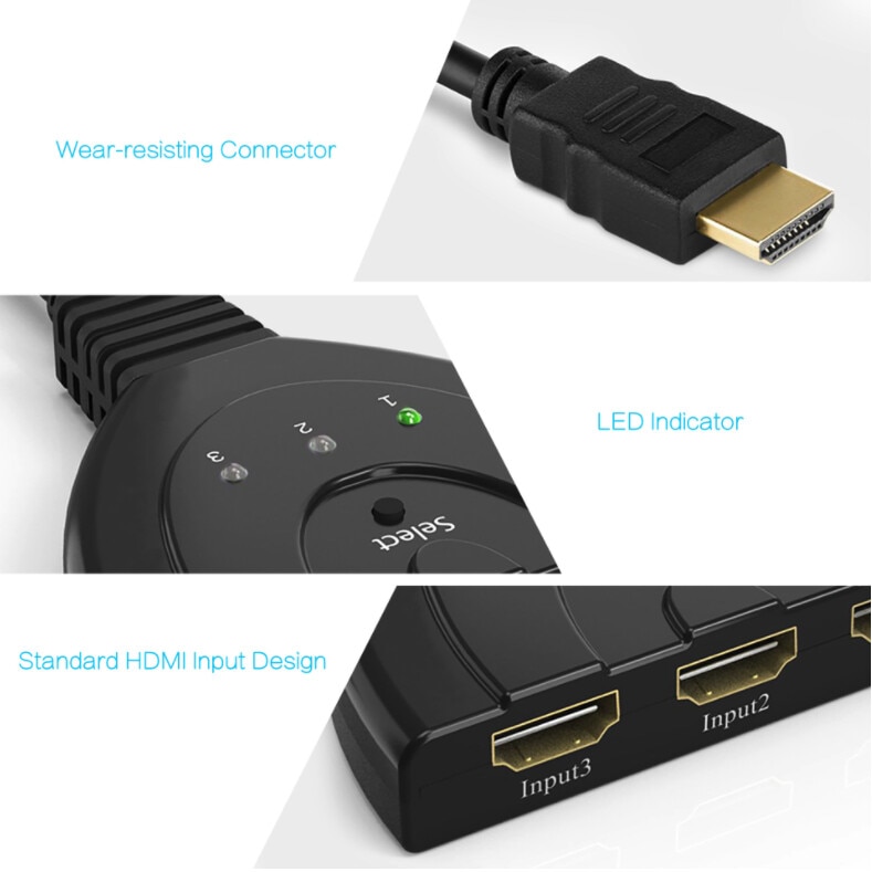 Превключвател сплитер кабел, 3-портов, HDMI, 4K * 2K, 2160P, HUB Multi Switcher с HDMI кабел ...