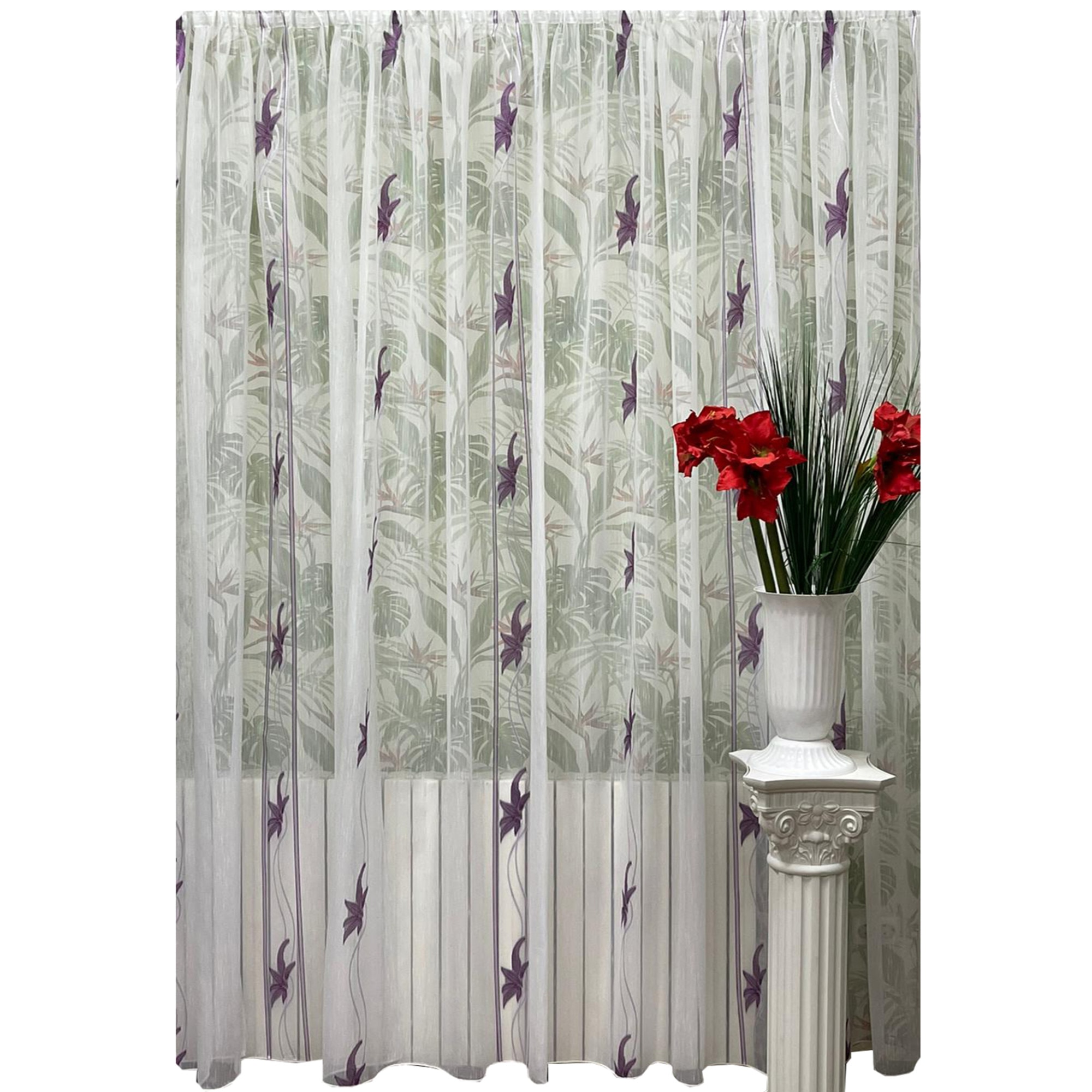 Perdea alba 700x245cm brodata cu crini stilizati mov, cu rejansa, by ...