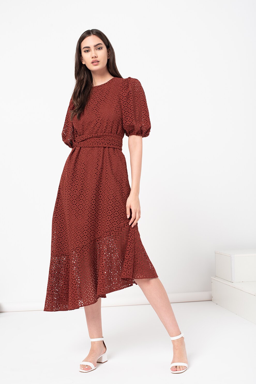 Ted Baker, Разкроена рокля Belllaa с ажур, Вишнев/Златист, 4 - eMAG.bg