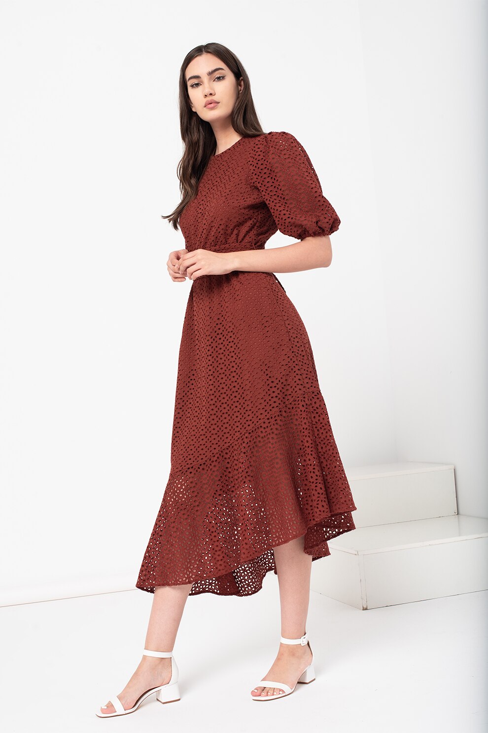 Ted Baker, Разкроена рокля Belllaa с ажур, Вишнев/Златист, 4 - eMAG.bg