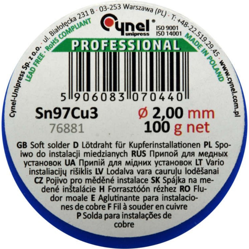Fir sudura, Cynel, SN97CU3, Staniu-cupru, 100 g, 2 mm - eMAG.ro