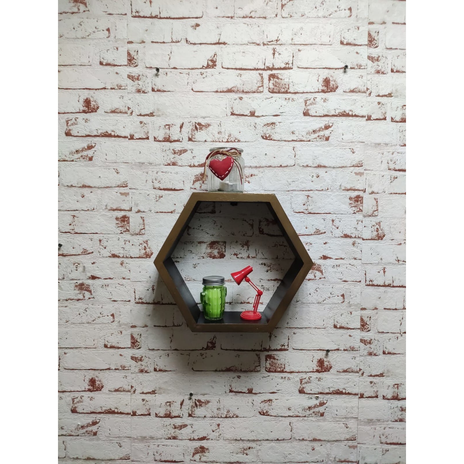 Raft de perete din lemn, in forma hexagonala, tip fagure, cu prindere ...