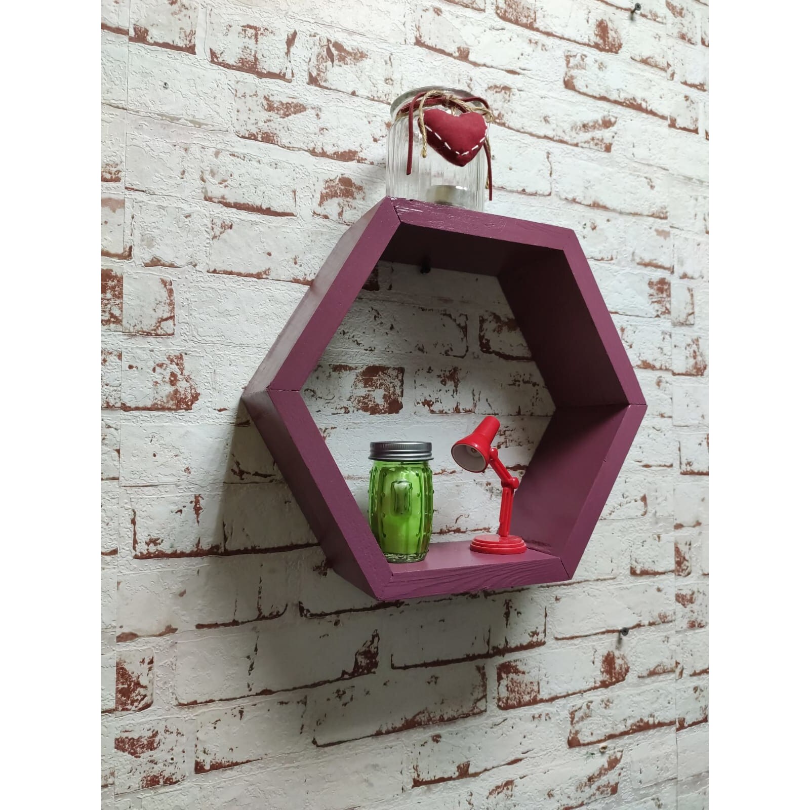 Raft de perete din lemn, in forma hexagonala, tip fagure, cu prindere ...