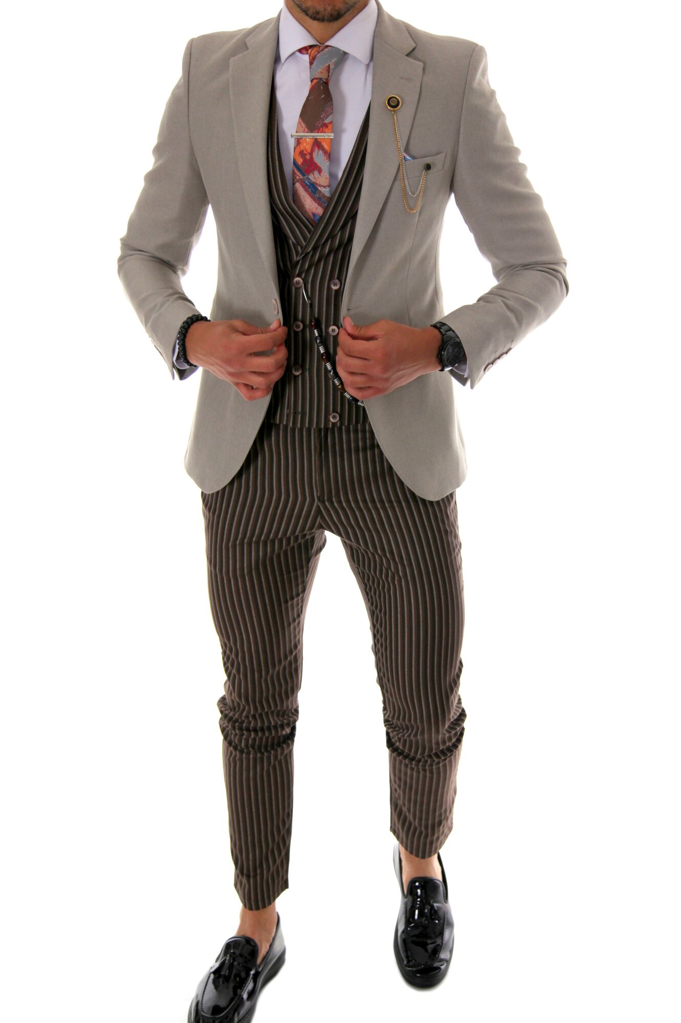 Costum bej, pentru barbati, slim fit, sacou, pantaloni, vesta, B4134, L ...