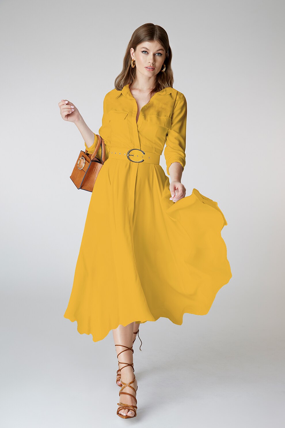 Alina Cernatescu, Rochie-camasa cu o curea Classy, Galben sofran, XS ...