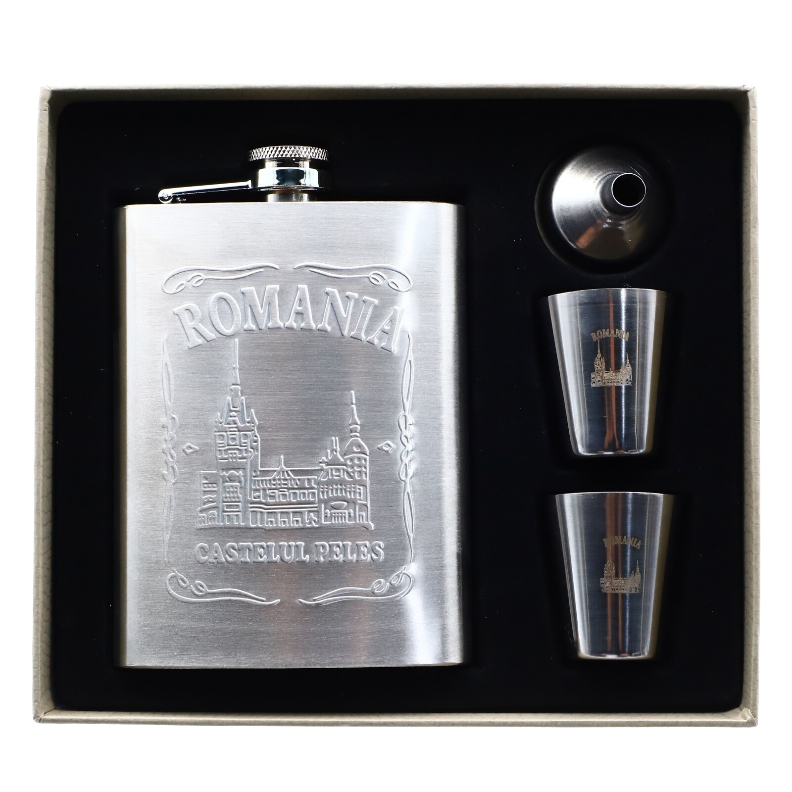 Set cadou plosca/sticla cu 2 paharele si palnie, imprimat Castelul ...