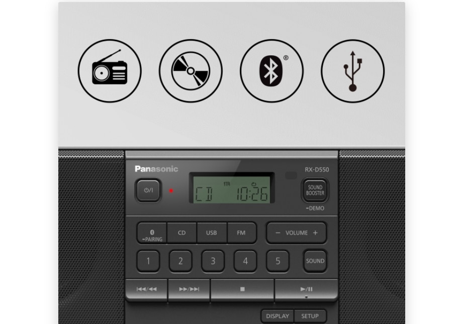 Radio portabil Panasonic RX-D550E-K, 20W, Bluetooth, CD, USB, Tuner FM ...