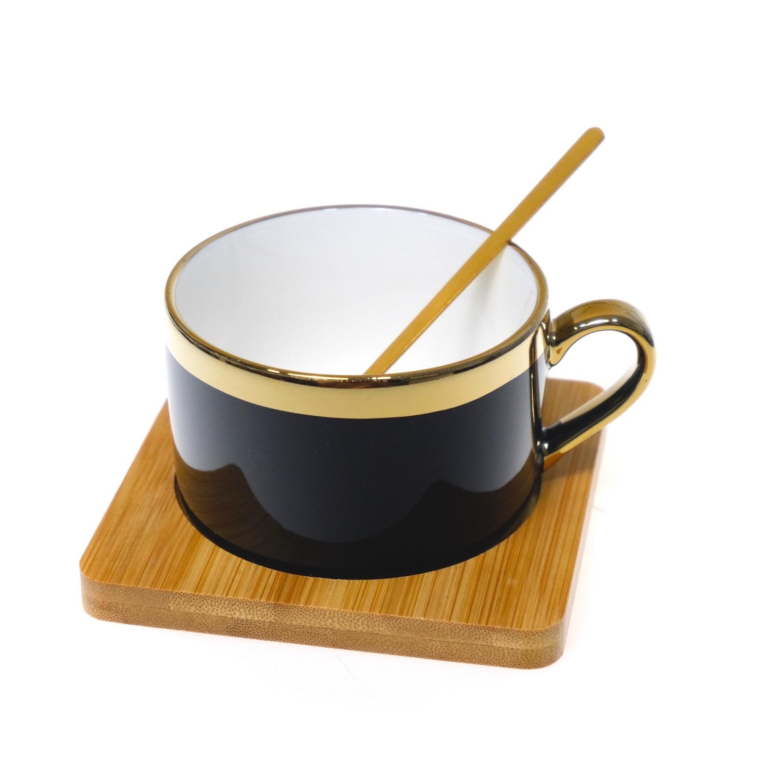 Set Ceasca de cafea 180ml din ceramica cu farfurie din lemn si ...