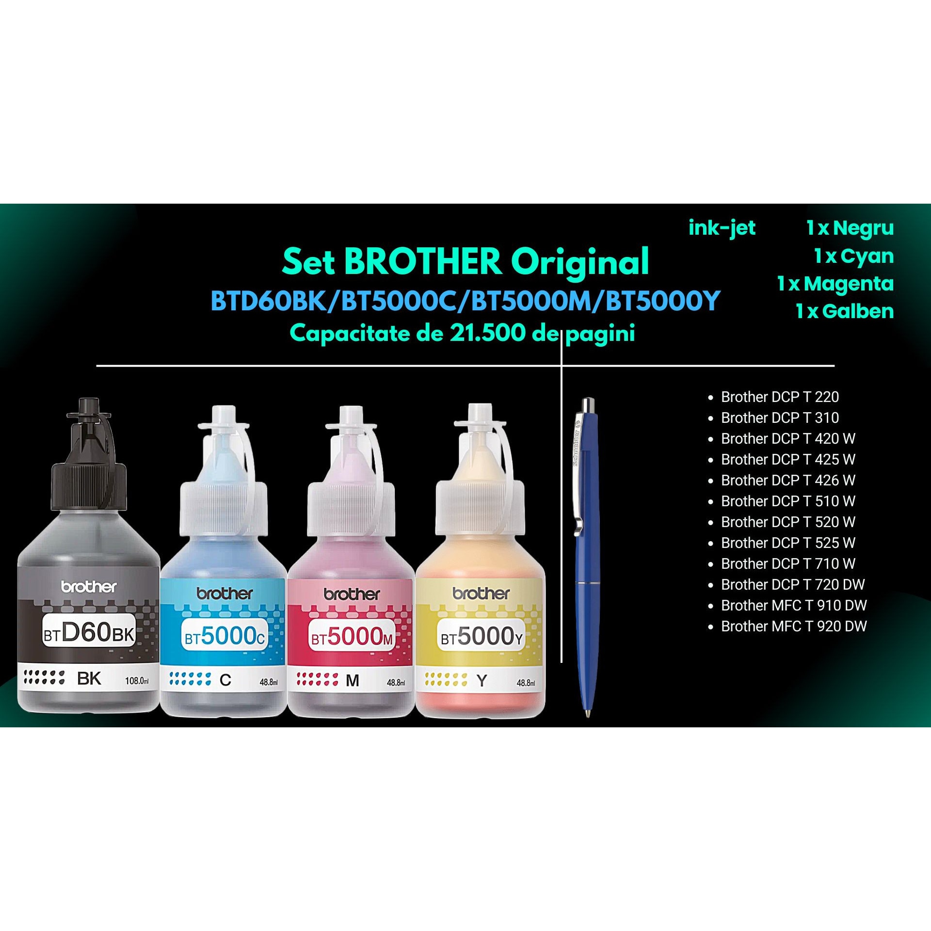 Set Flacon cerneala Brother Original BTD60BK Negru BT5000C Cyan BT5000M Magenta BT5000Y Galben ...