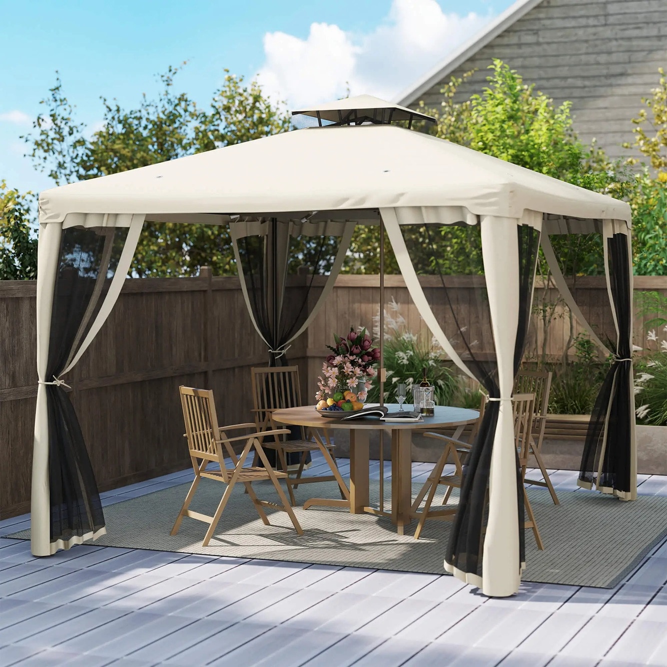 Cort pavilion de gradina Outsunny, Plasa laterala, Metal/Poliester ...