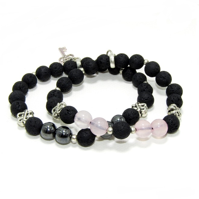 Set bratari cuplu by Crystal4Art, cu cuart roz, hematit si roca ...