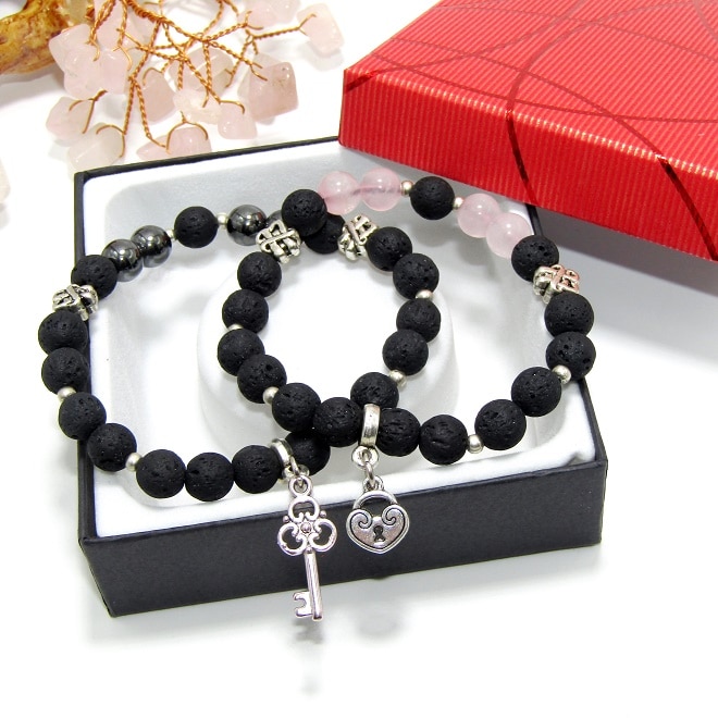 Set bratari cuplu by Crystal4Art, cu cuart roz, hematit si roca ...