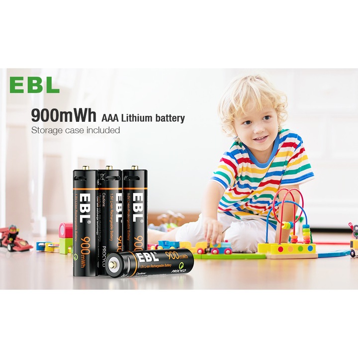 Set 4 acumulatori AAA 1.5V, 900 mWh, Li-Ion cu incarcare USB - eMAG.ro