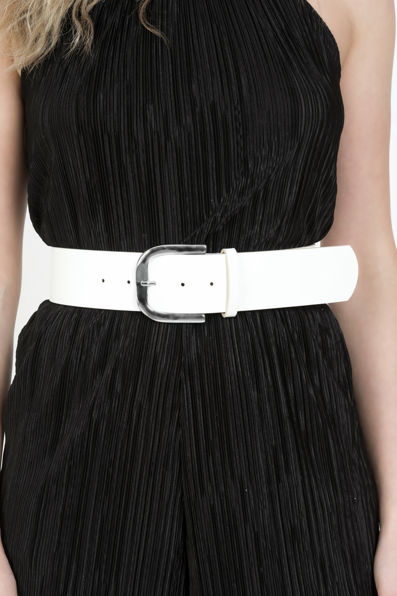 Curea Mabotex piele naturala alba cu catarama metalica argintie, 5cm ...