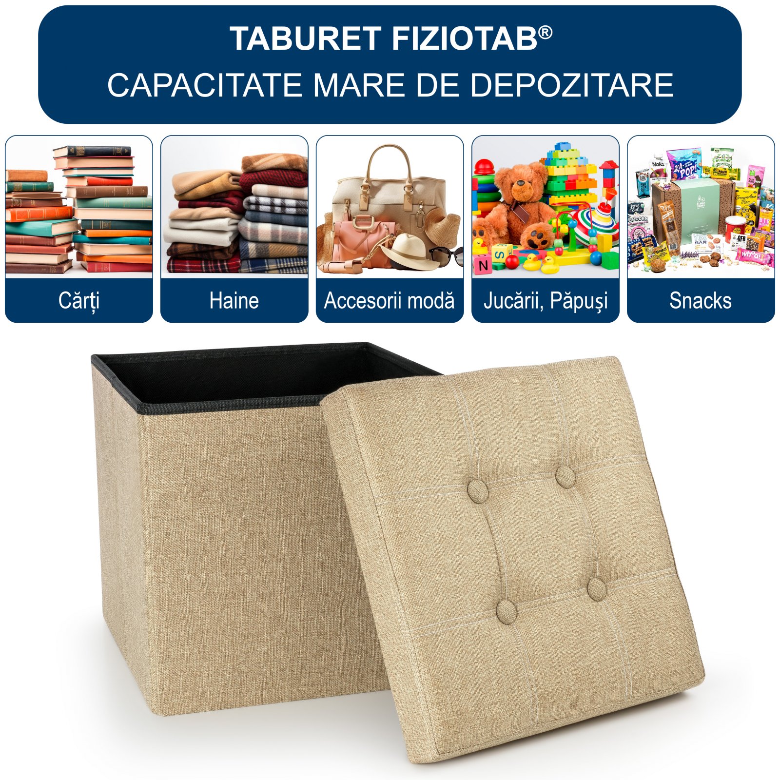 Taburet Pliabil cu Spatiu de Depozitare FizioTab®, Tip Cutie, Cub ...