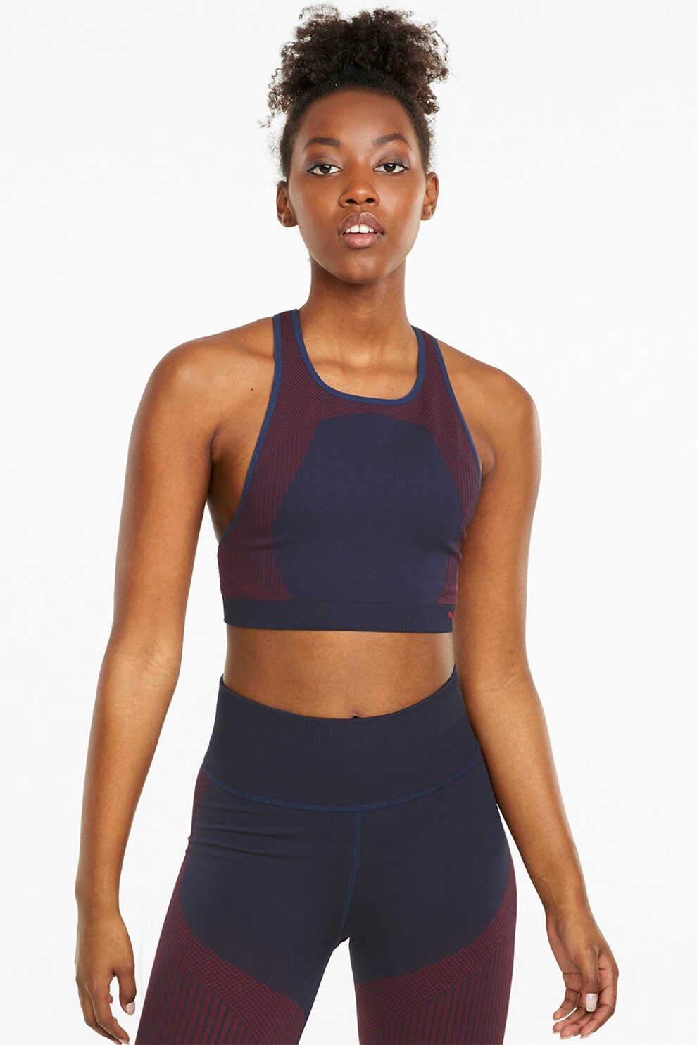 Puma, Bustiera cu imprimeu logo, pentru fitness, Negru/Rosu Bordeaux, M ...