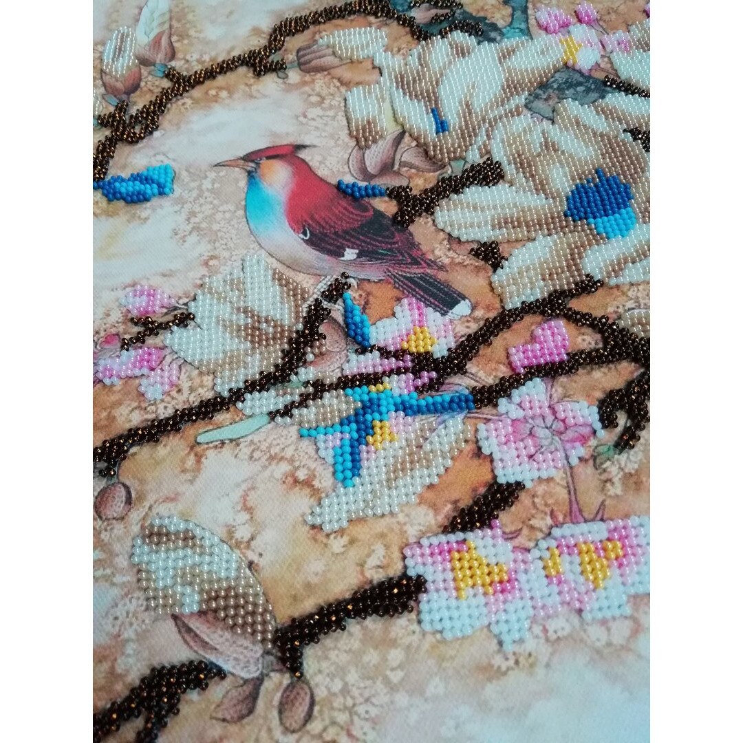 Kit tablou de tip canvas cu broderie de margele -Bird on Sakura 40x35cm ...