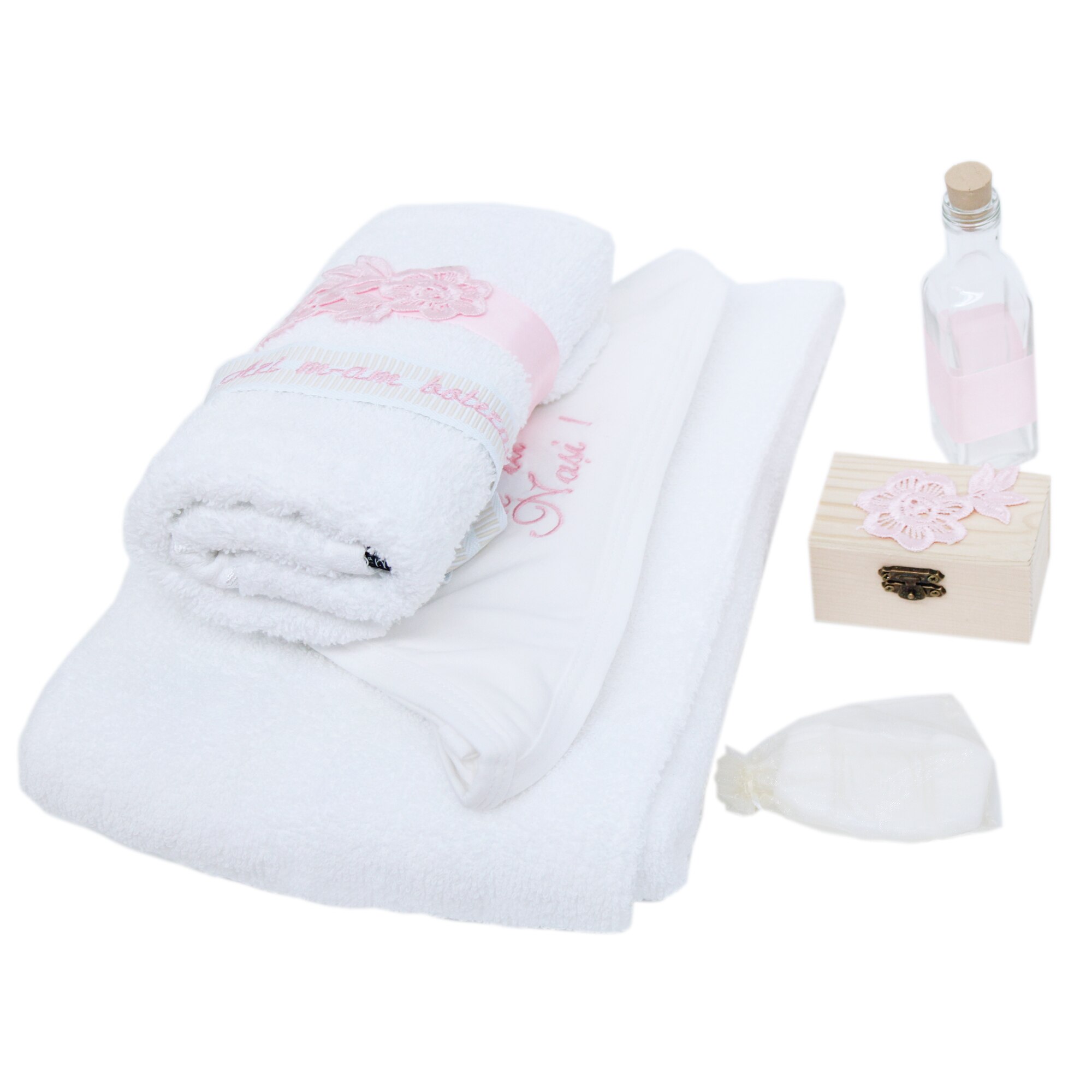 Trusou alb-roz pentru botez, "Cu mult drag de la nasi", compus din ...