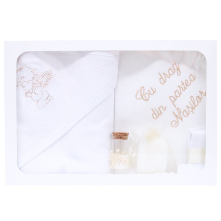 Trusou alb-crem pentru botez, "Cu drag din partea nasilor", compus din ...