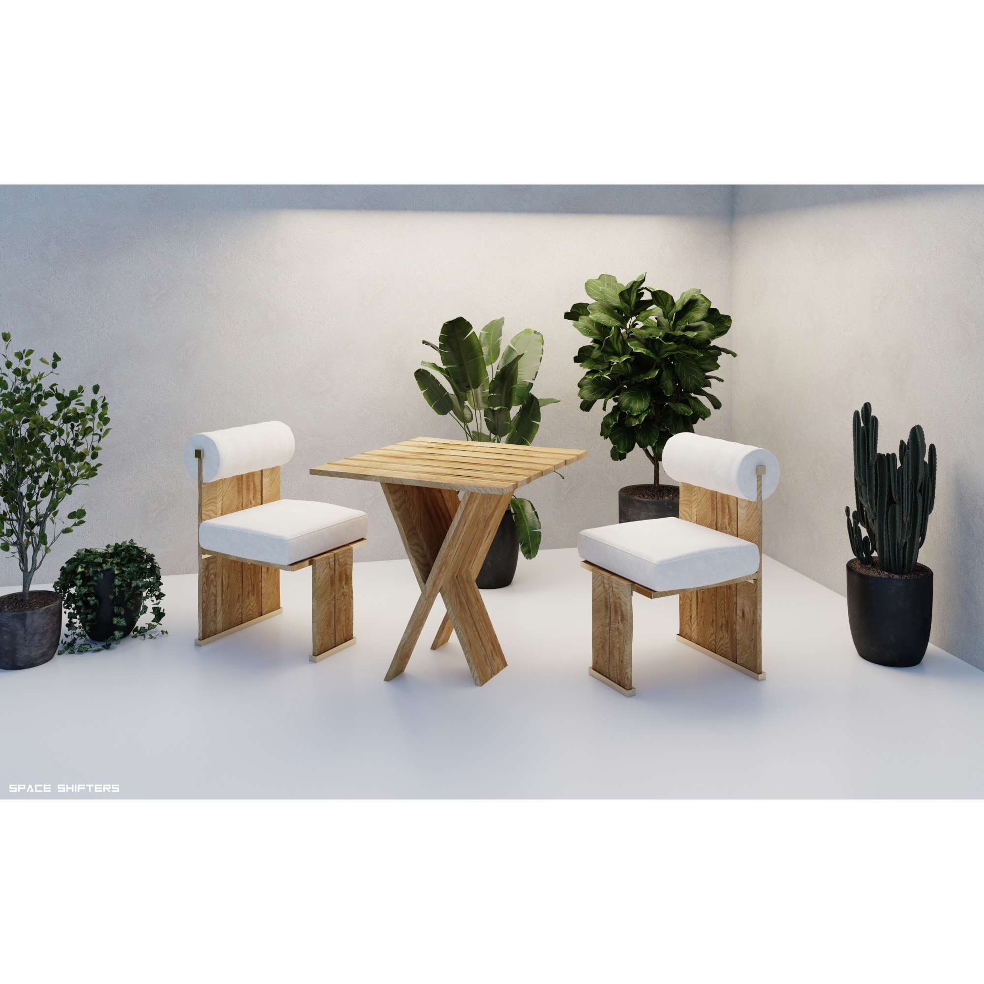 Set scaune Theza si masuta inalta Agde din lemn masiv cu metal, natur ...