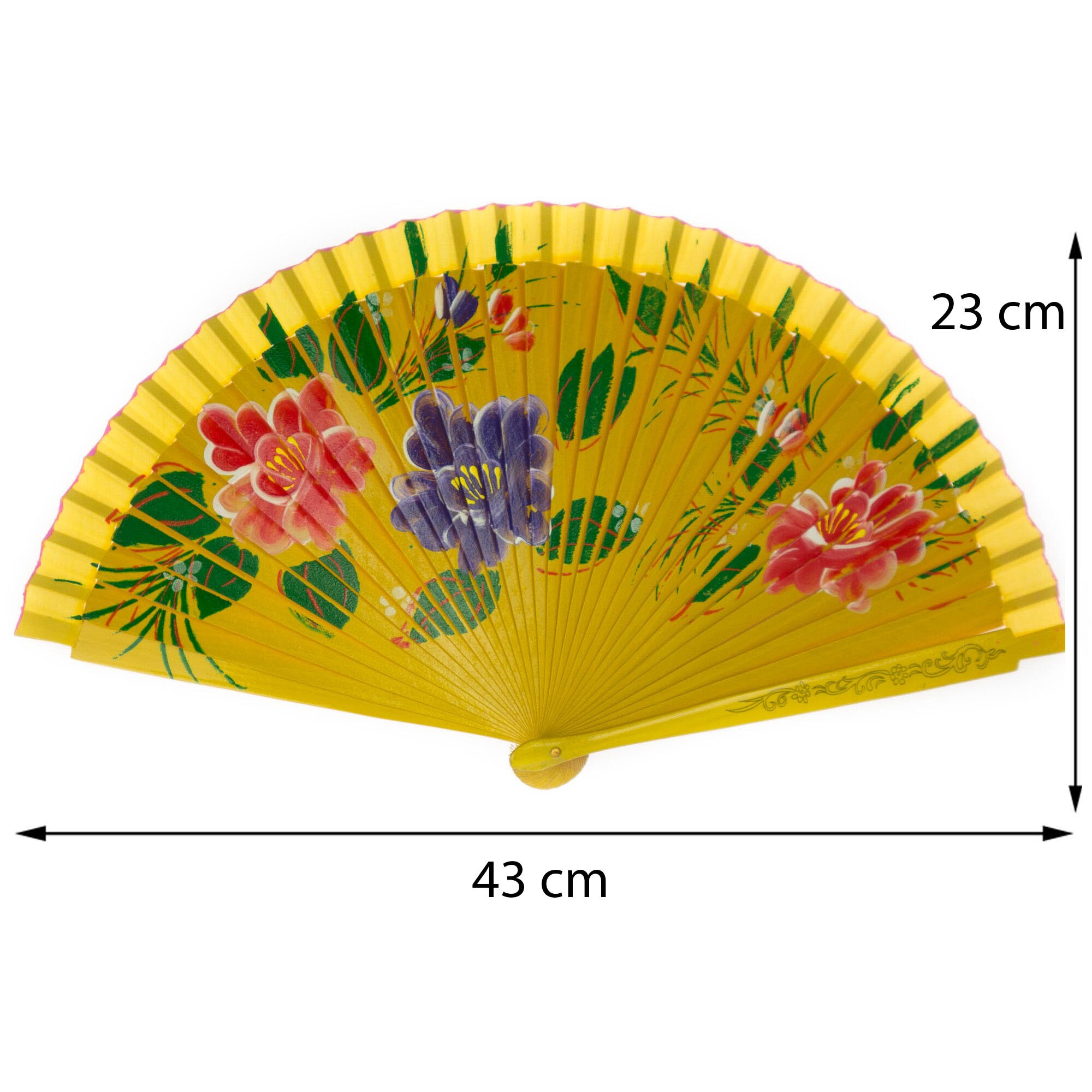 Evantai pliabil, din lemn, Galben cu model floral pictat, 23 cm - EV203 ...
