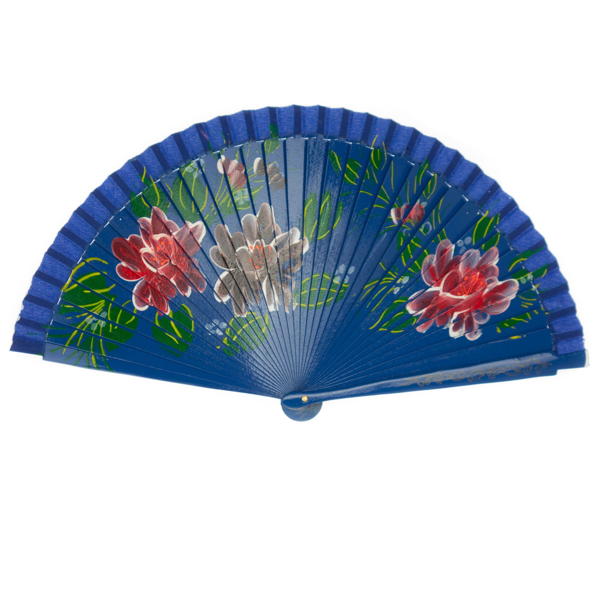 Evantai pliabil, din lemn, Albastru cu model floral pictat, 23 cm ...