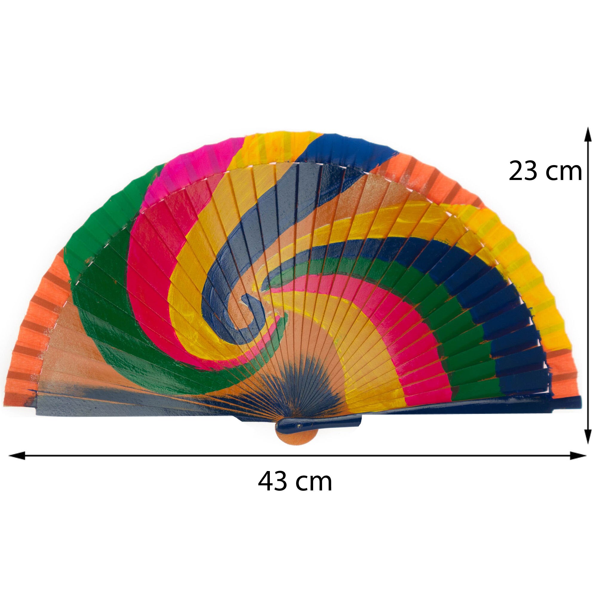 Evantai pliabil, din lemn, Portocaliu cu imprimeu multicolor pictat, 23 ...