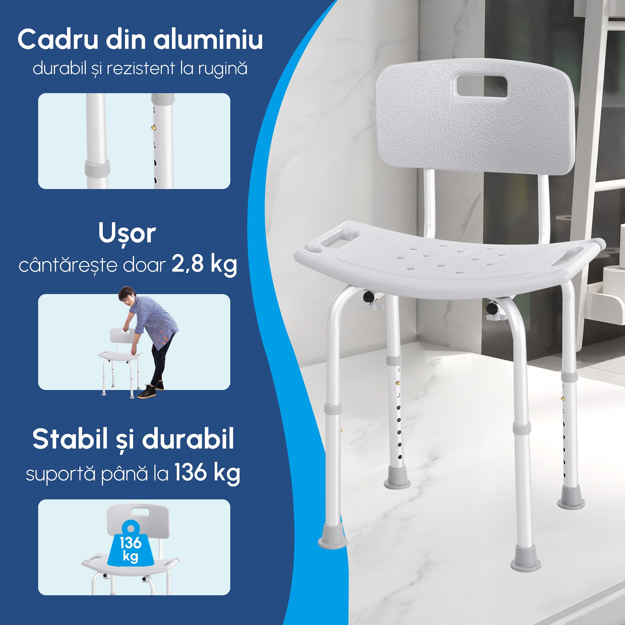 Scaun pentru baie, HOMCOM, Reglabil pe 8 nivele, Antiderapant, 50 ...
