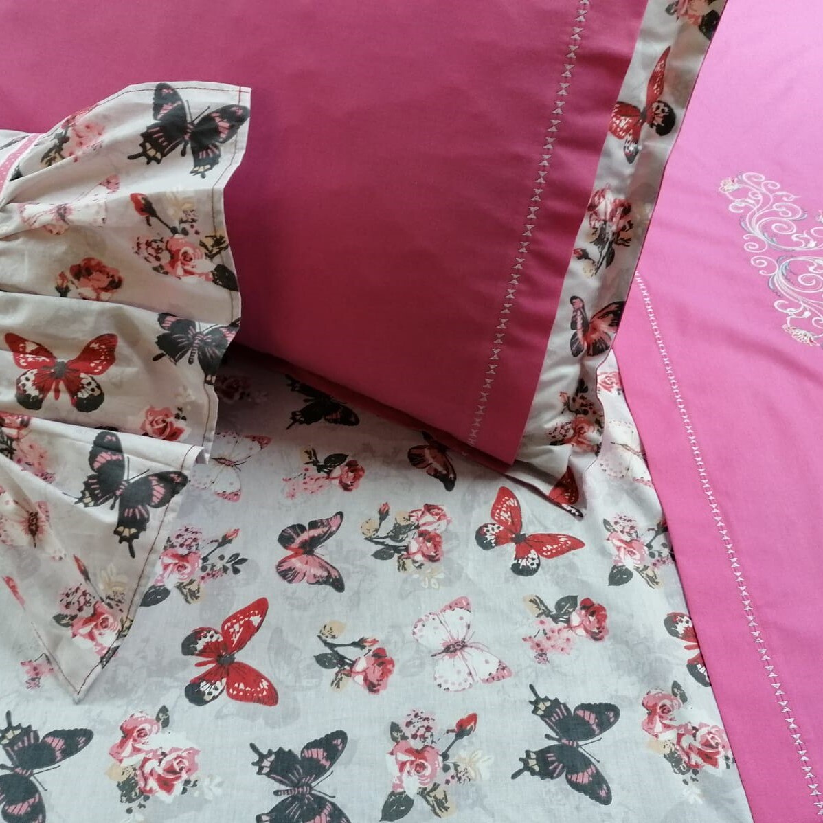 Cearsaf pilota, Eva, broderie, roz/multicolor, bumbac 100%, 220 x 200 ...