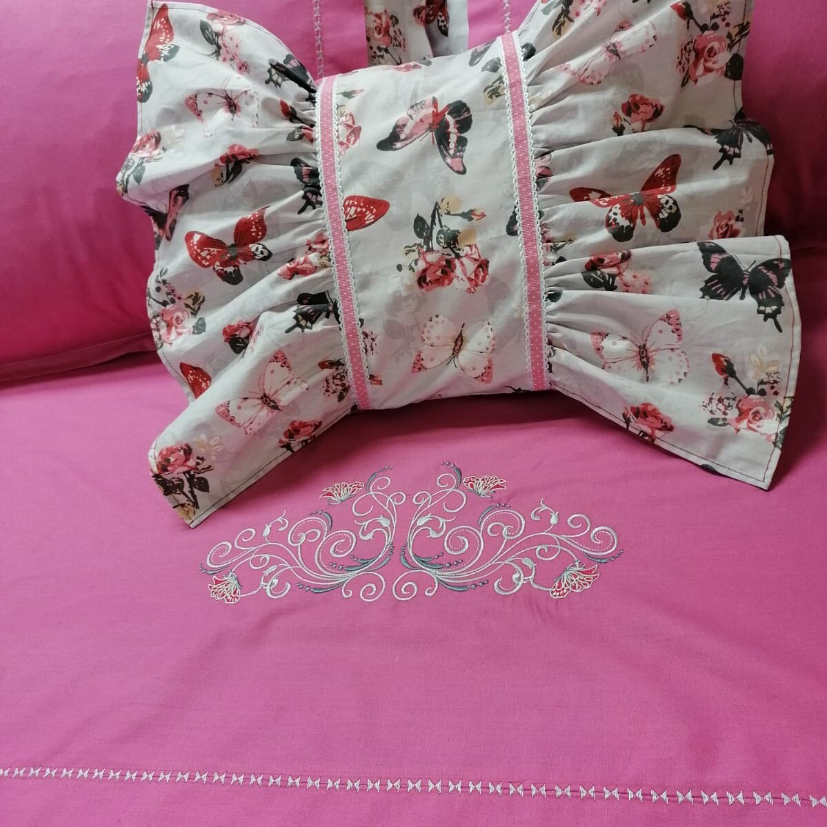 Cearsaf pilota, Eva, broderie, roz/multicolor, bumbac 100%, 220 x 200 ...